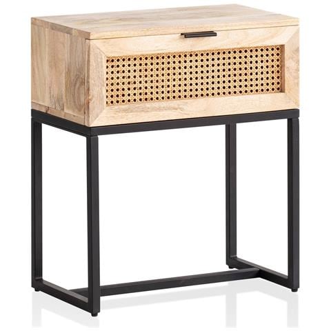 FINEBUY - Comodino Da Letto Legno Massello Mango / Rattan 50x60x30 Cm ...