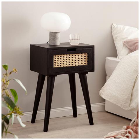 FINEBUY - Comodino Da Letto Legno Massello Mango / Rattan 40x60x30 Cm ...