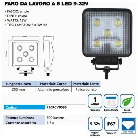 airtec - Faro Da Lavoro Per Mmt 5 Led 15 Watt 9-32 Volt Quadrato - ePRICE