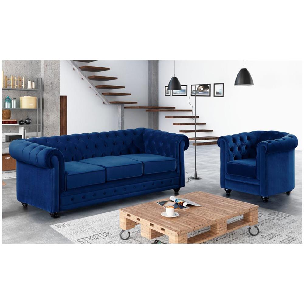 VENTE-UNIQUE - Divano 3 Posti E Poltrona Chesterfield In Velluto Blu ...