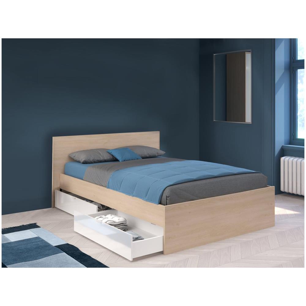VENTE-UNIQUE - Letto Con 2 Cassetti 140 X 190 Cm Naturale E Bianco ...