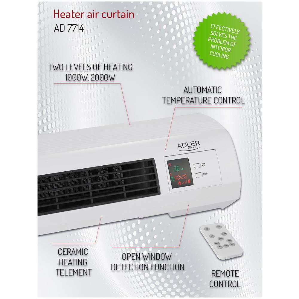 ADLER - Ad7714 Termoventilatore Ceramico Da Parete, Wall Heater, Sensore Finestra Aperta, Timer ...