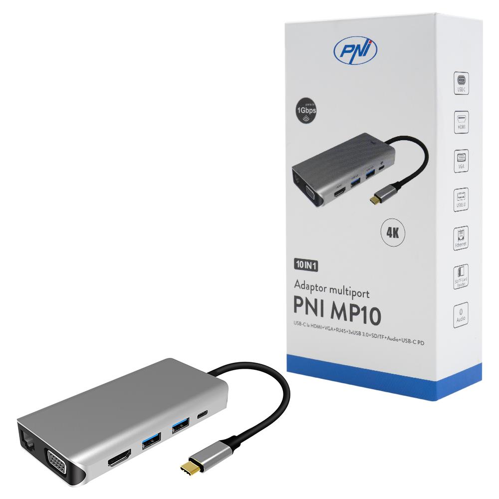 PNI - Adattatore Multiporta Mp10 Usb-c Per Hdmi, Vga, 3 X Usb 3.0, Sd ...