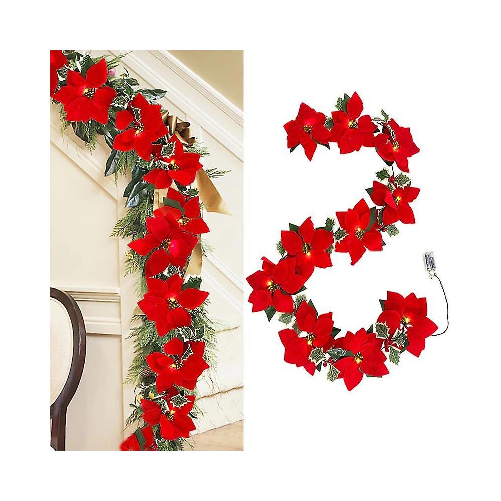 HTN - 6.5ft Poinsettia Artificial Christmas Flower String With Lights ...